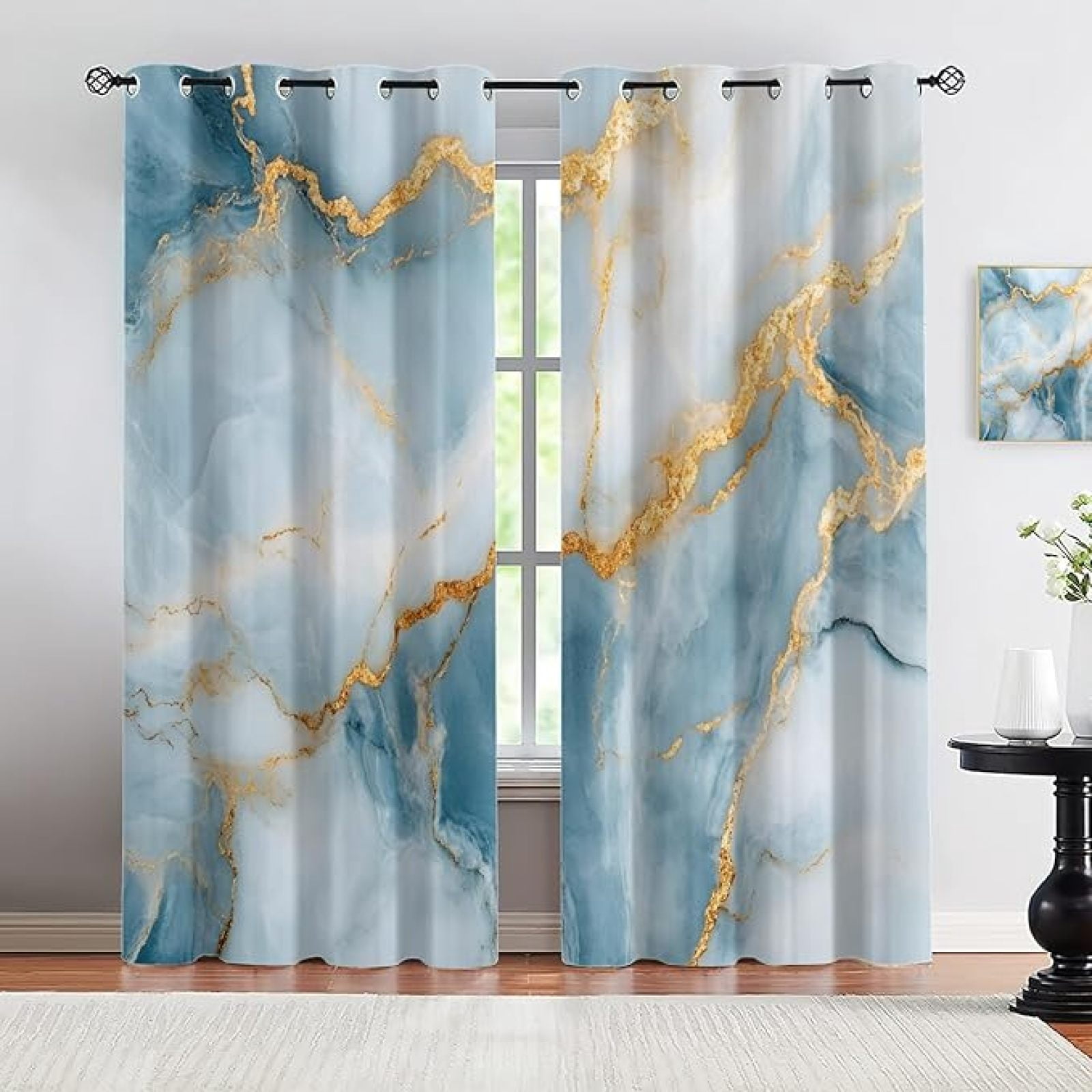 Blue Marble Curtains For Living Room, Blue Gold Marble Blackout ...