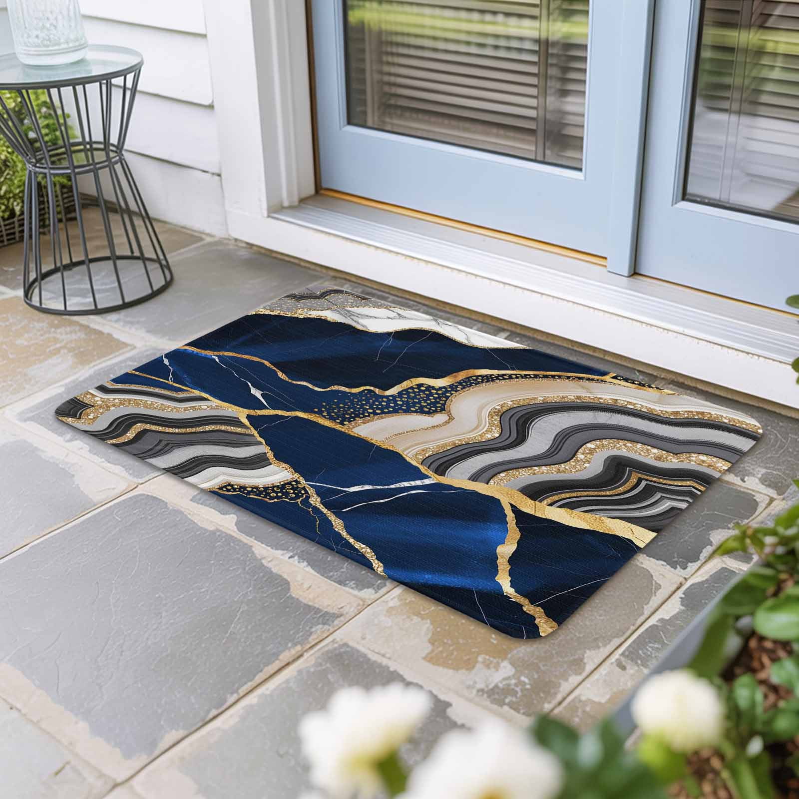 Blue Marble Door Mat Indoor Outdoor, Grey Gold Texture Vintage ...