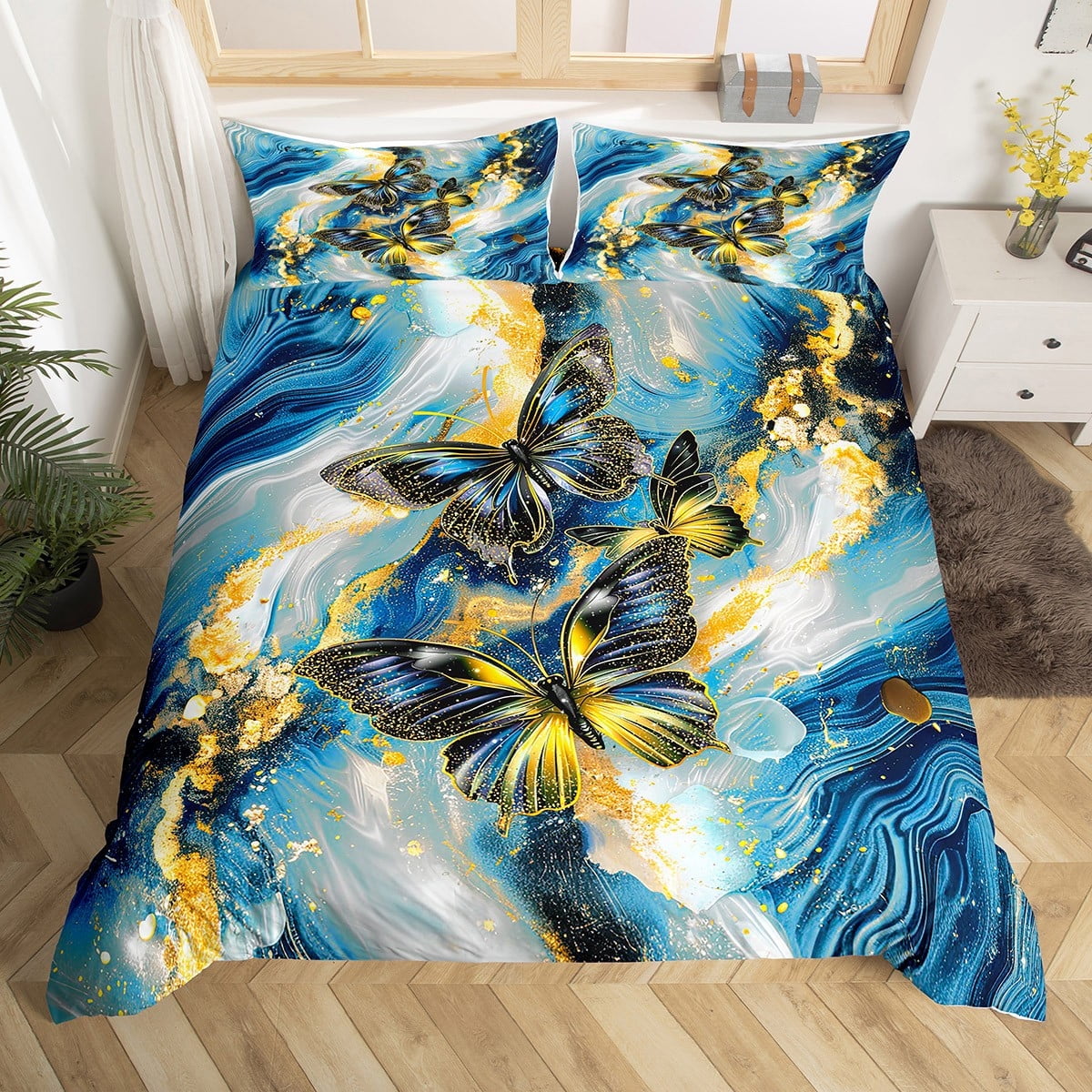 Blue Marble Duvet Cover Set Black Butterfly Comforter Cover,Gold ...