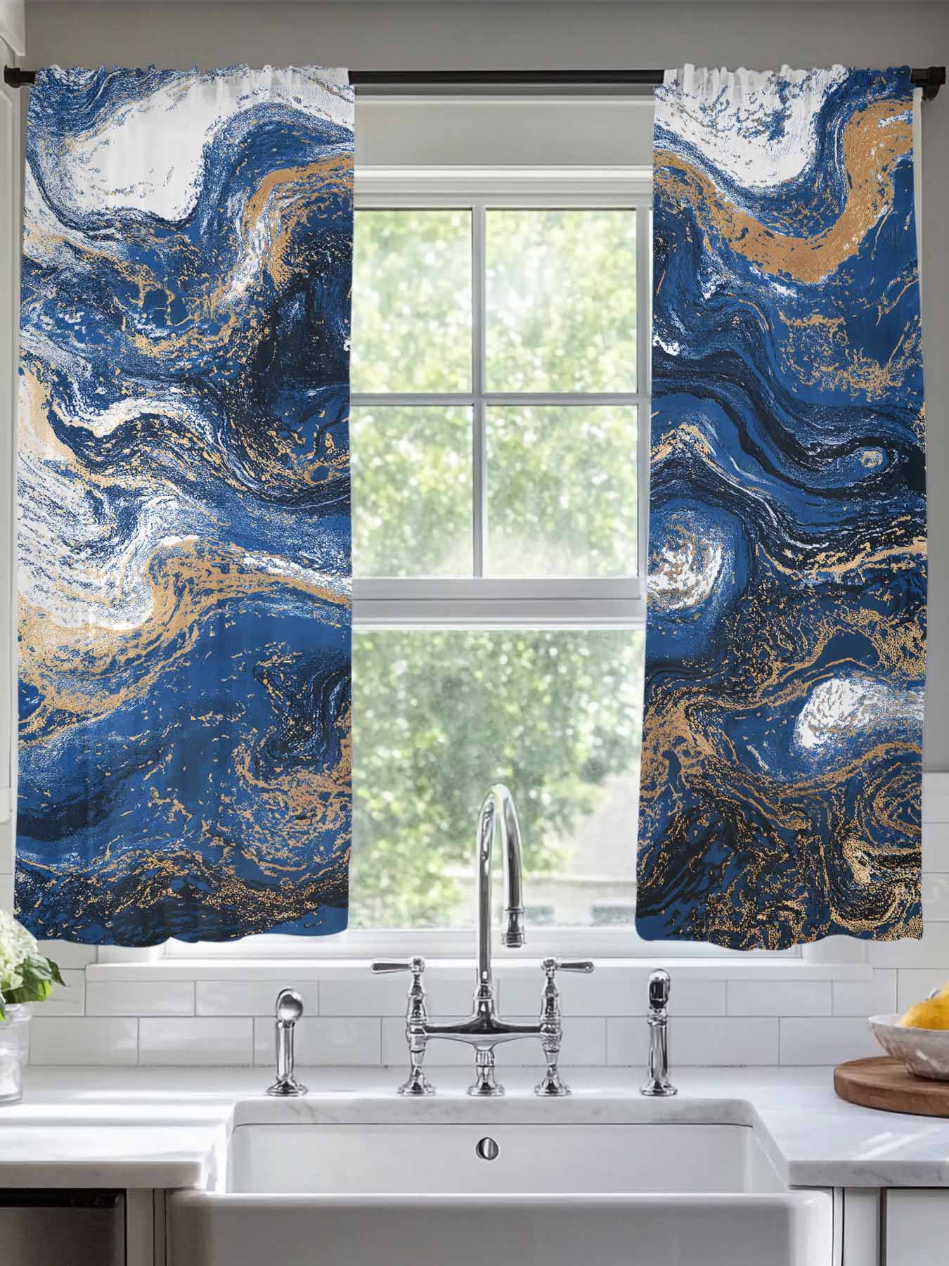 Blue Marble Fluid Art Chiffon Sheer Curtains 72 Inches Long Mottled ...