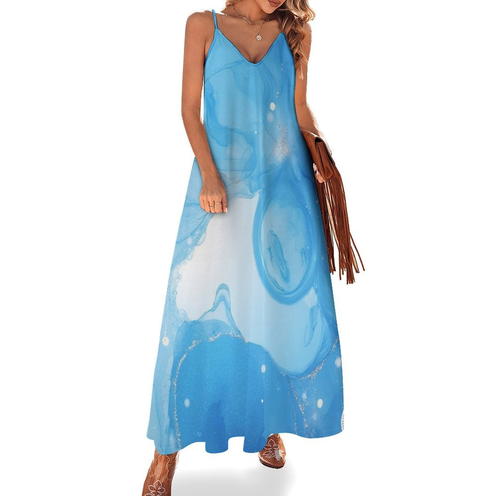 Blue Marble Glitter Art Sleeveless Dress Woman Fashion Long Dresses ...