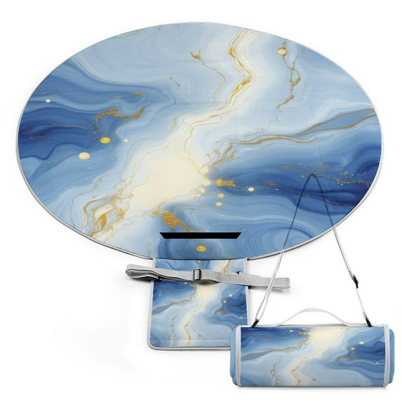 Blue Marble Gold Accents 58" Round Waterproof Picnic Blanket - Foldable ...