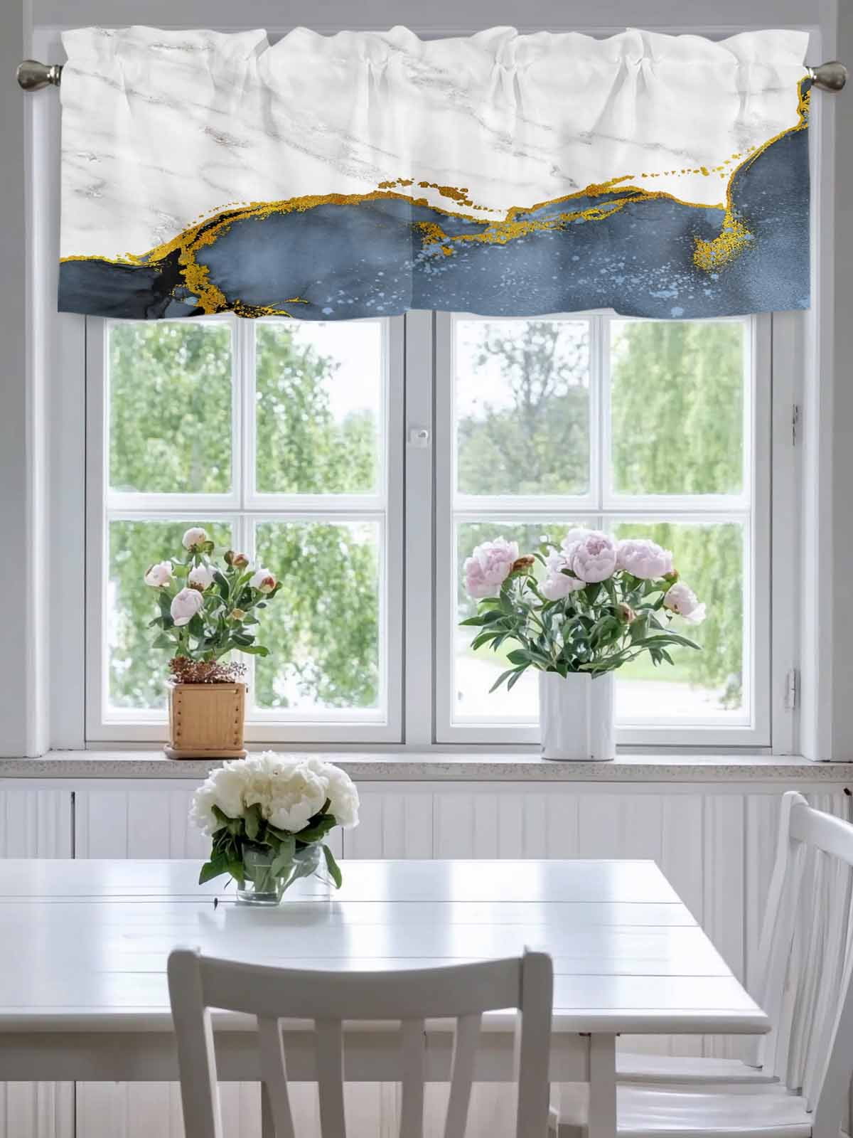 Blue Marble Gold Foil Valances for Windows,Kitchen Valance Rod Pocket ...