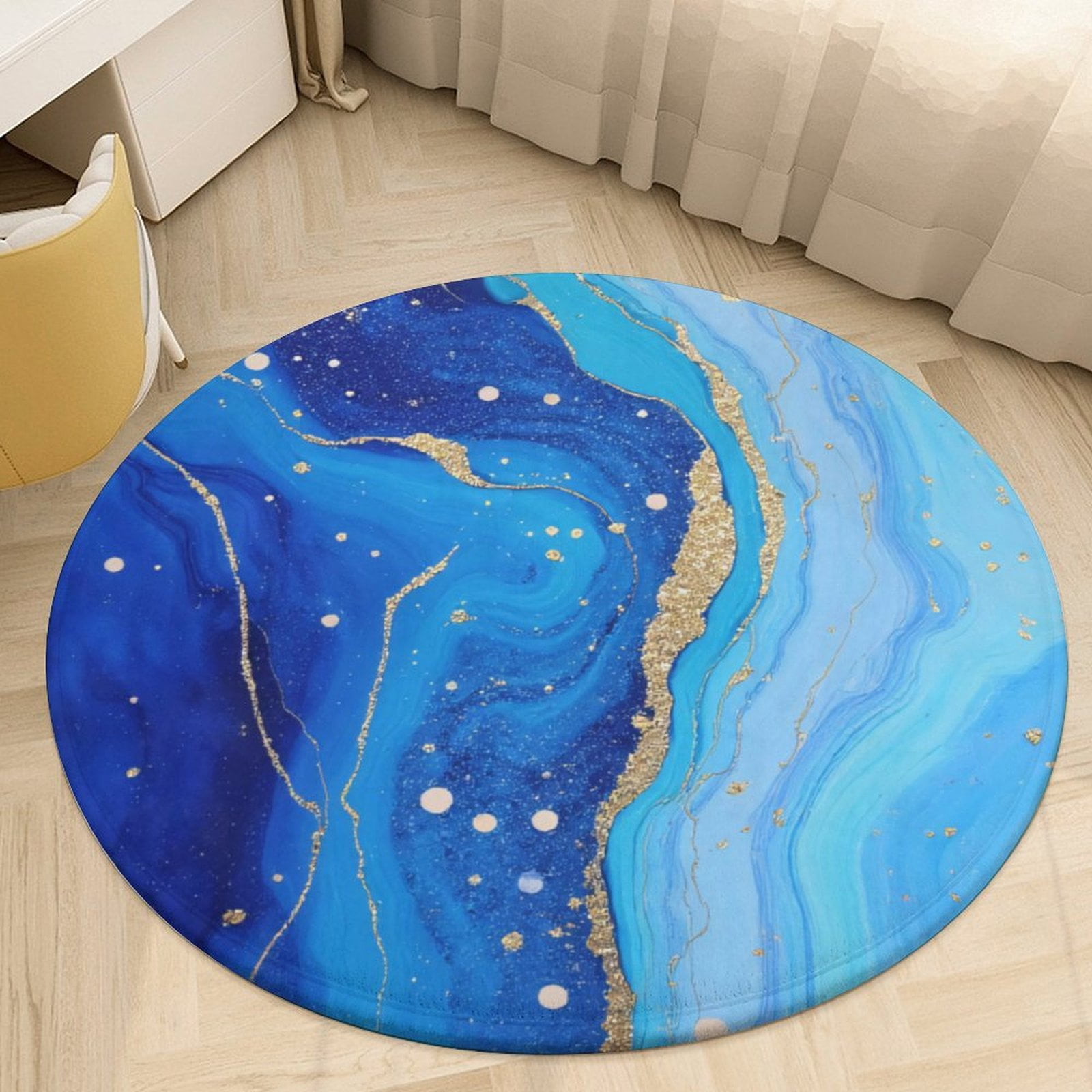 Blue Marble Gold Glitter Art Round Area Rugs for Bedroom Living Room ...