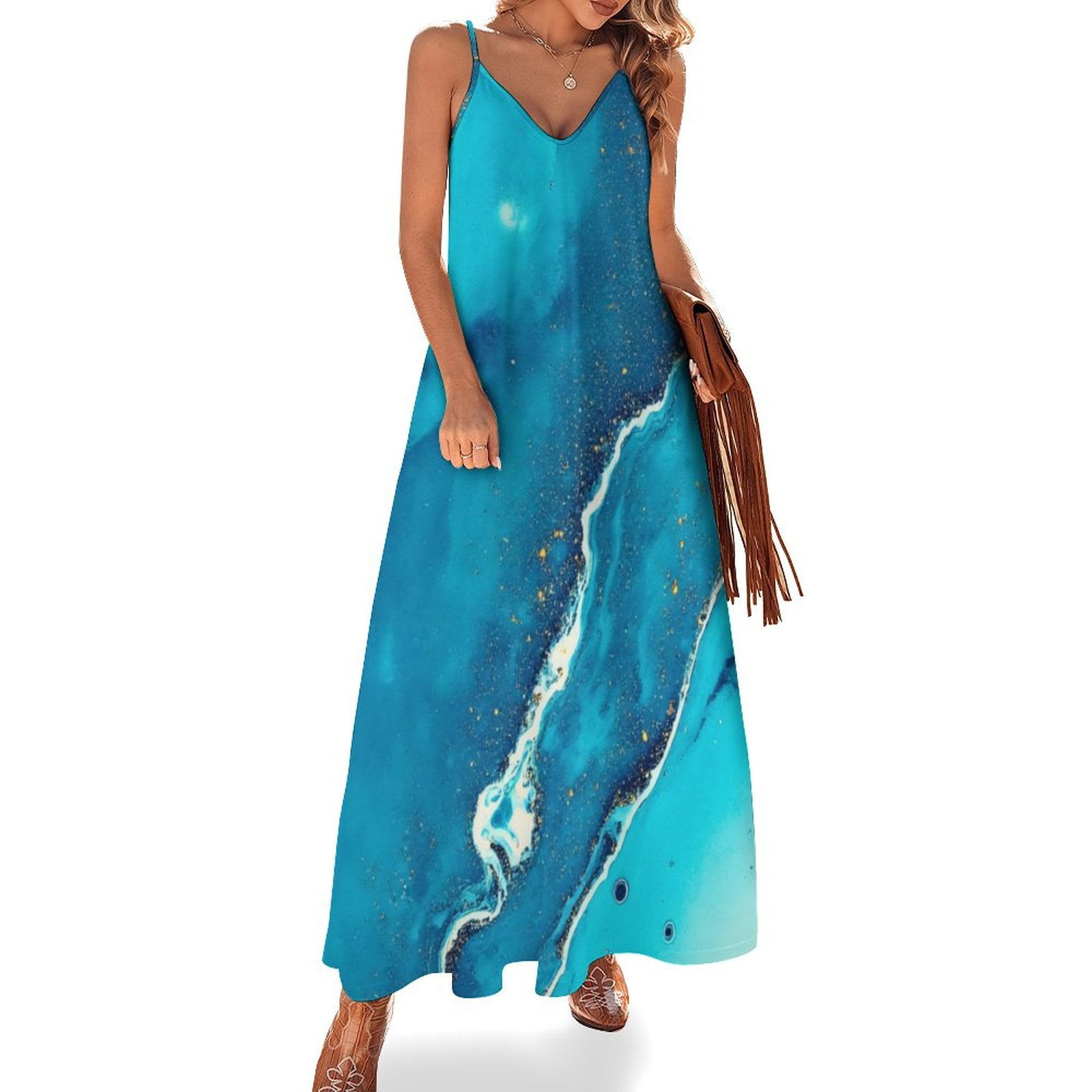 Blue Marble Gold Glitter Art Sleeveless Dress Women's Luxury Party ...