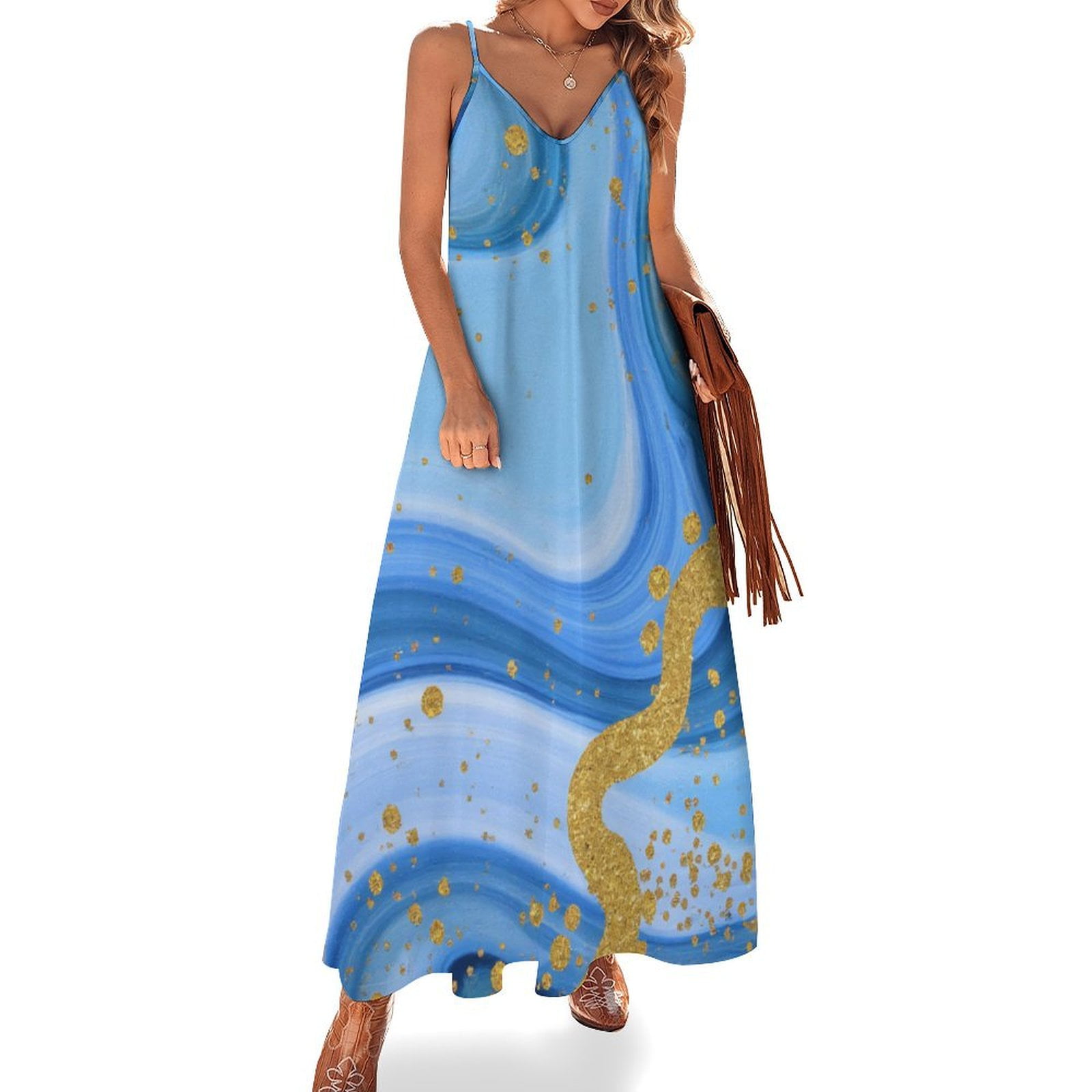Blue Marble Gold Splatter Art Sleeveless Dress Women's Luxury Party ...