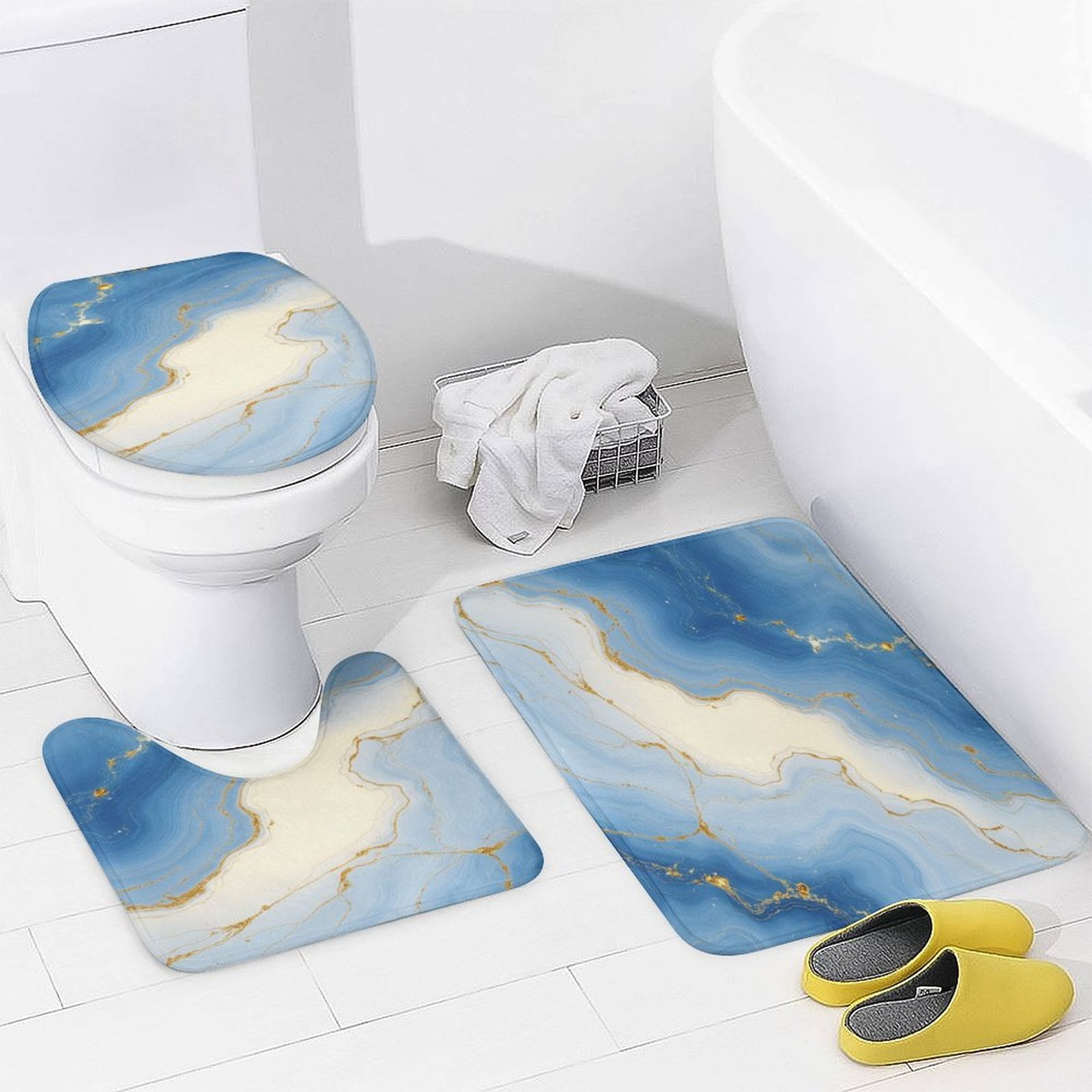 Blue Marble Gold Vein Art Print Bathroom Rugs Sets 3 Piece Toilet Lid ...