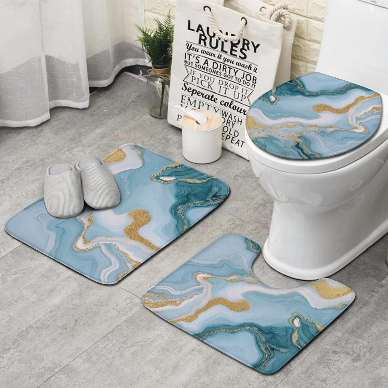 Blue Marble Gold Wave Pattern Bathroom Rugs Sets 3 Piece,Toilet Cover ...