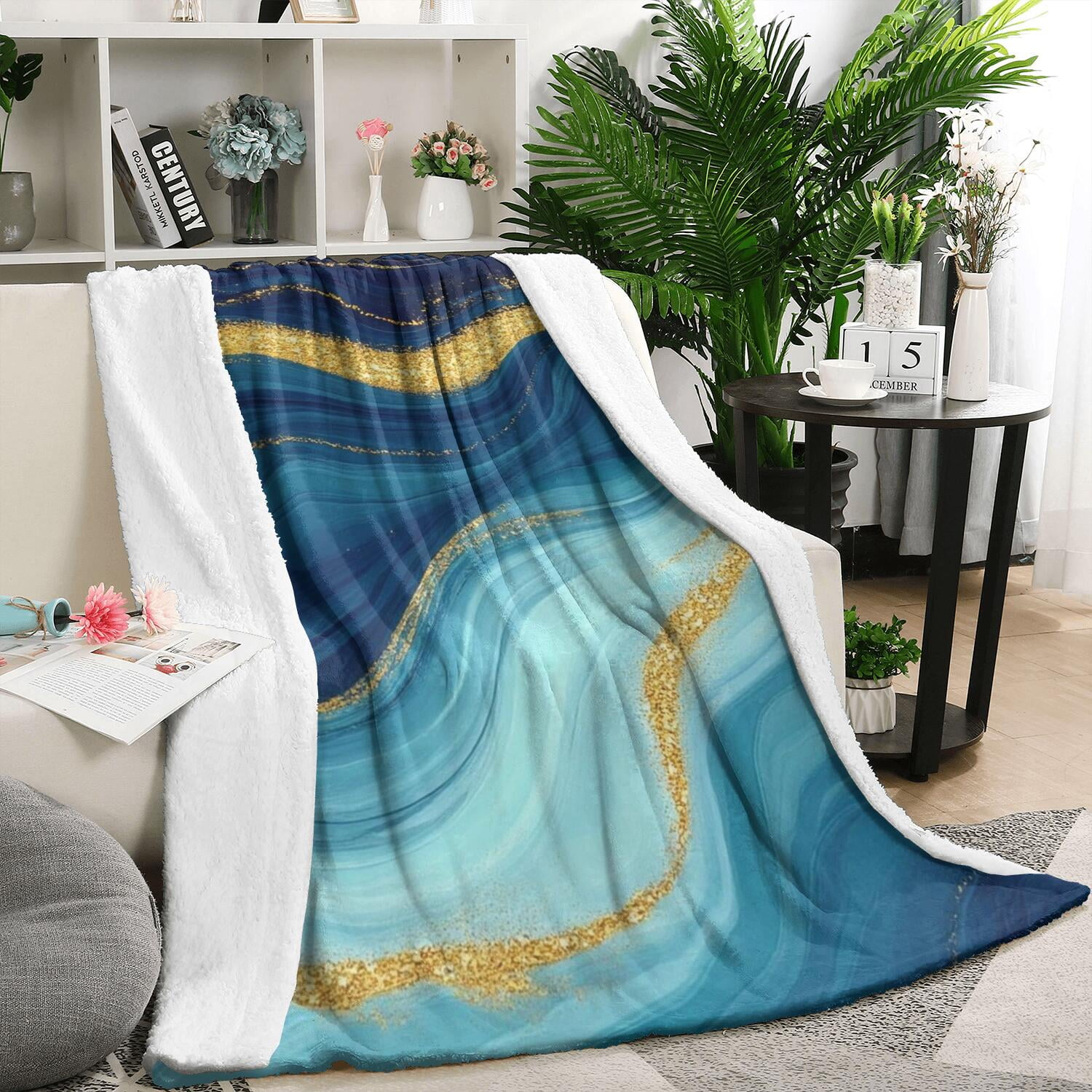 Blue Marble Gold Wave Pattern Blanket,Comfortable Soft Flannel Throw ...