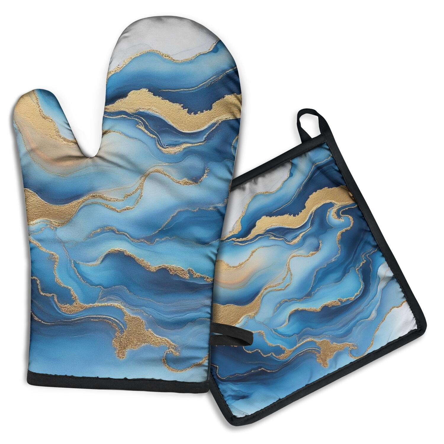 Blue Marble Gold Wave Pattern Kitchen Oven Mitt and Pot Holder Sets 2 ...