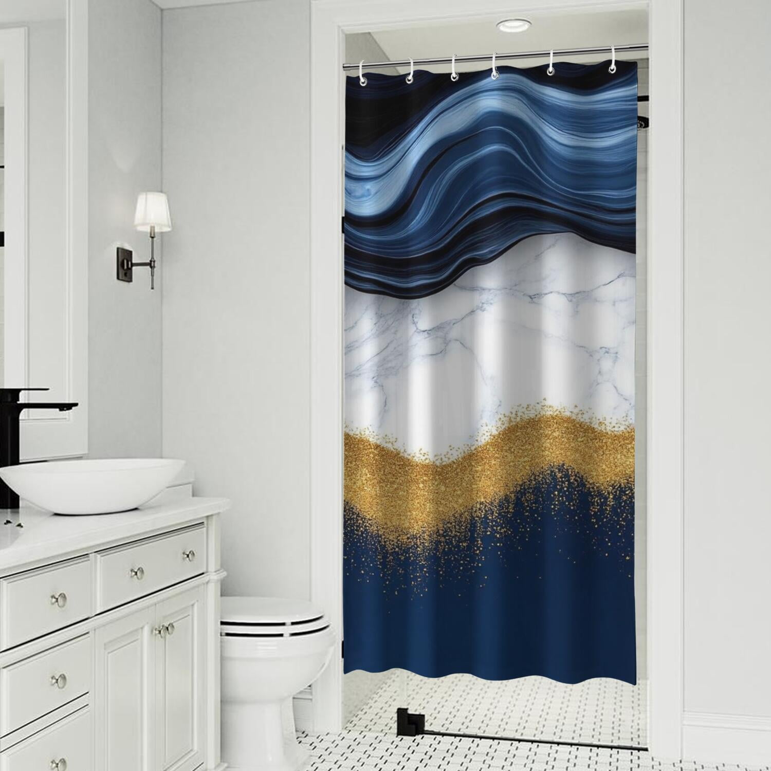 Blue Marble Gold Wave Pattern Shower Curtain 36"x72" ,Bathroom ...