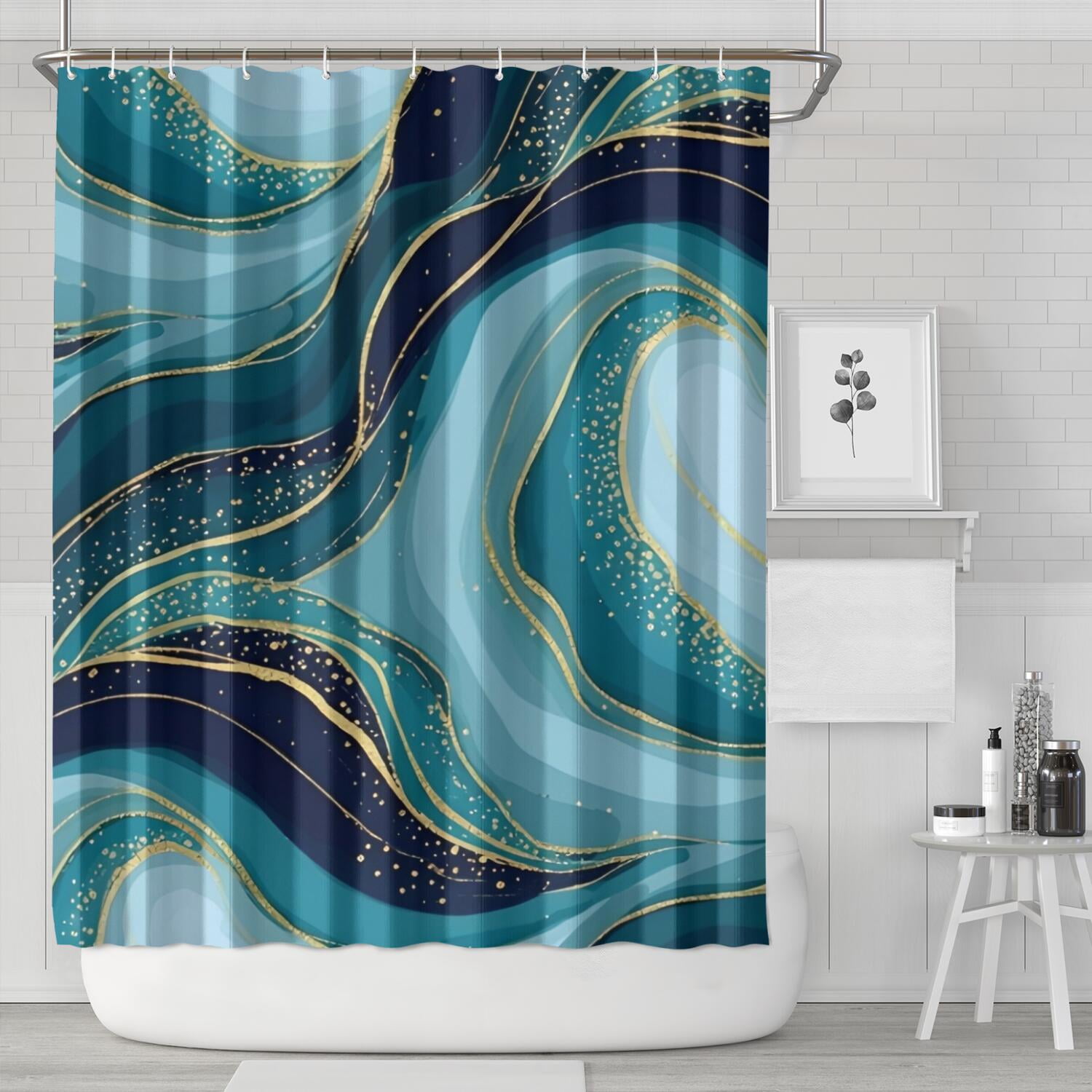 Blue Marble Gold Wave Pattern Shower Curtain 84"x72" ,Bathroom ...