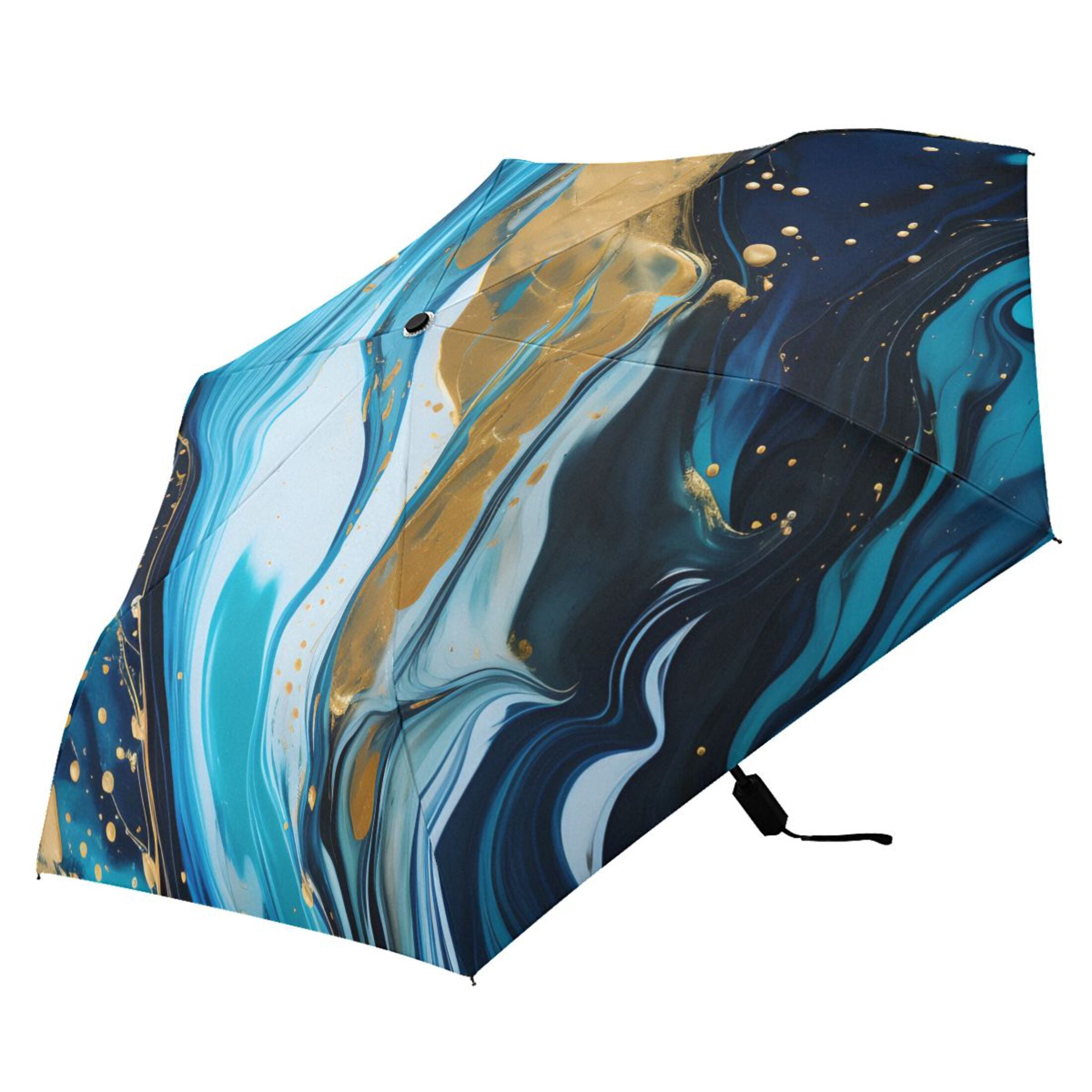 Blue Marble Golden Compact Folding Umbrella for Rain Windproof Travel ...