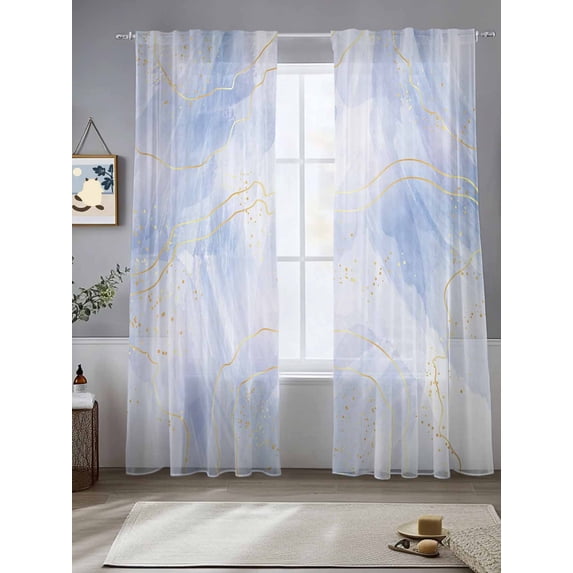Blue Marble Gradient Gold Line Chiffon Sheer Curtains 84 Inches Long ...