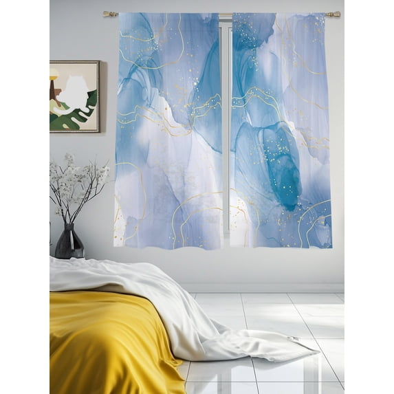 Blue Marble Gradient Gold Stripes Chiffon Sheer Curtains 63 Inches Long ...