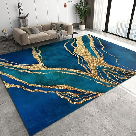 Blue Marble Ink Texture Living Room Area Rug, Golden Abstract Swirl ...