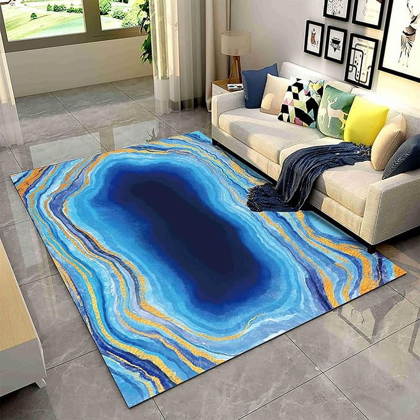 Blue Marble Kids Rug, Gradient Blue Yellow Texture Bedroom Area Rug ...