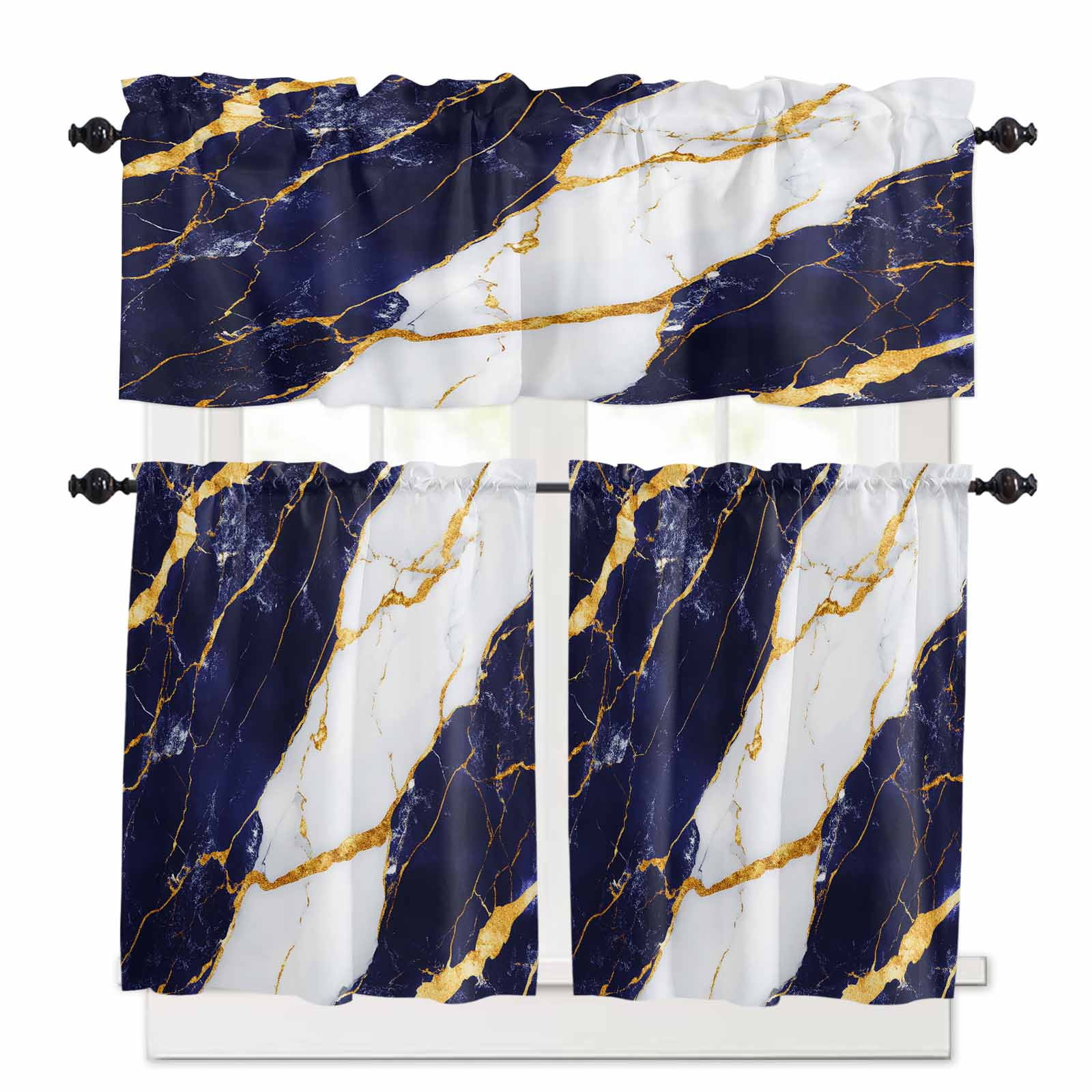 Blue Marble Kitchen Curtains Set for Windows 3 Pieces,24 Inch Length ...