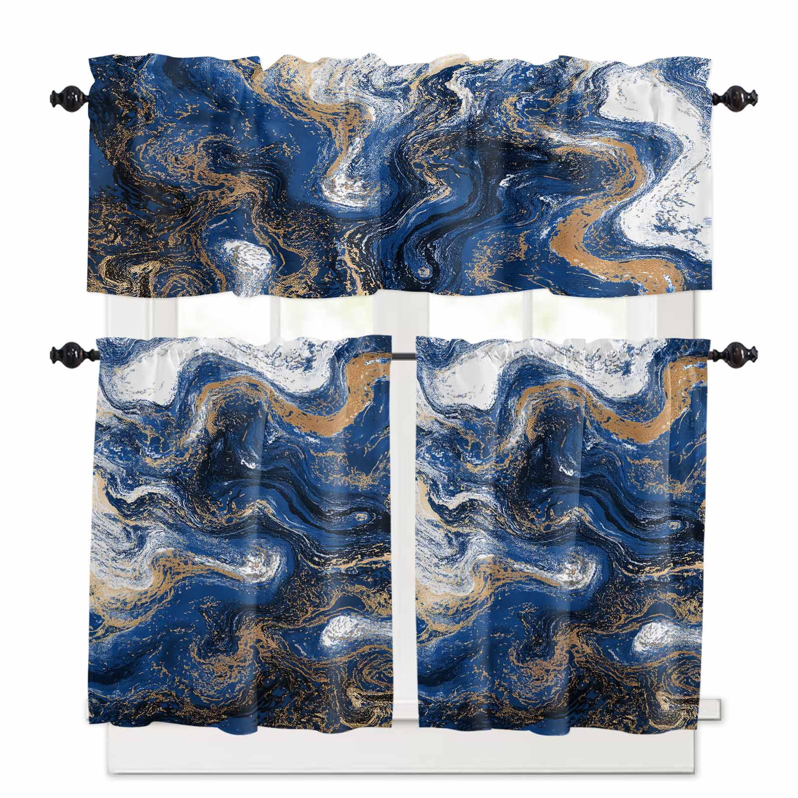 Blue Marble Kitchen Curtains Set for Windows 3 Pieces,36 Inch Length ...