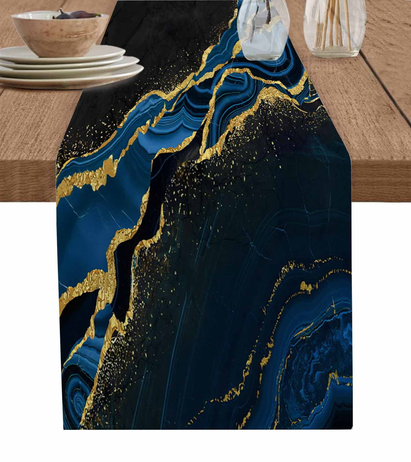 Blue Marble Liquid Table Runners 90 Inches Long, Cotton Linen Fabric ...