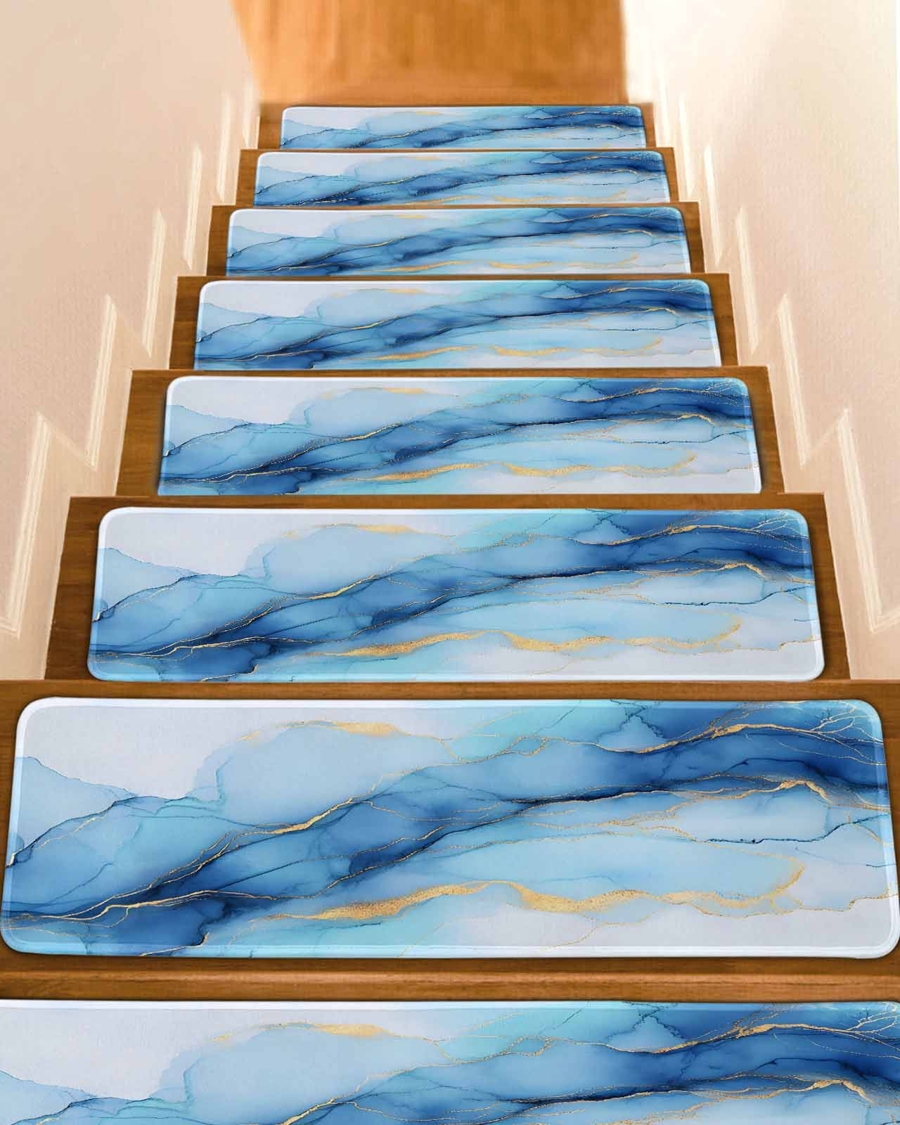 Blue Marble Non-Slip Stair Treads for Wooden Steps, 4 Pack-8x30in ...