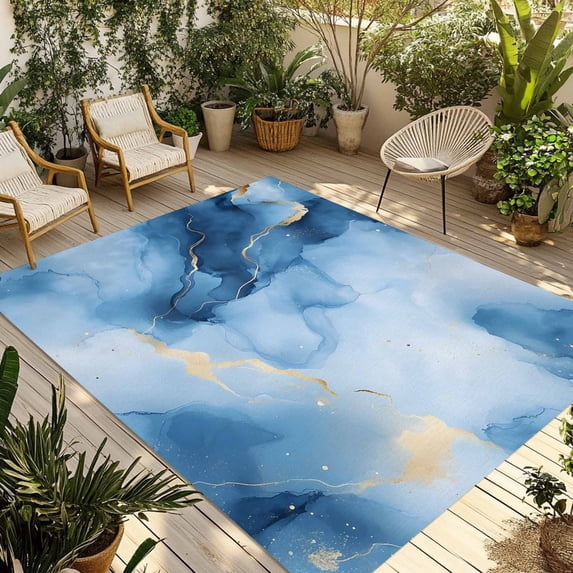 Blue Marble Outdoor Rug, Abstract Modern Art Non-Slip Area Rugs Carpet ...