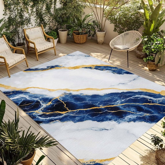Blue Marble Outdoor Rug, Abstract Retro Non-Slip Area Rugs Carpet ...