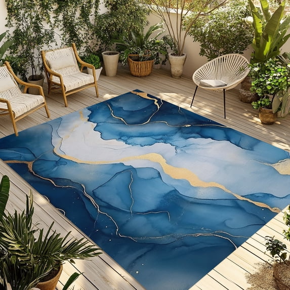 Blue Marble Outdoor Rug, Gradient Golden Texture Fluid Abstract Art Non ...