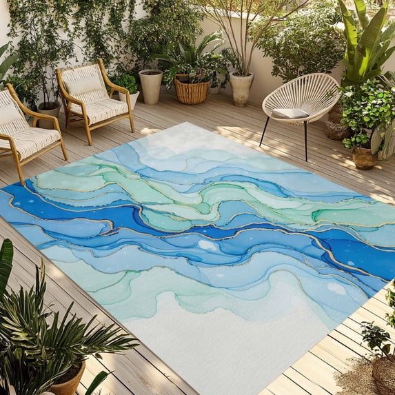 Blue Marble Outdoor Rug, Modern Abstract Art Watercolor Blue Green Teal ...