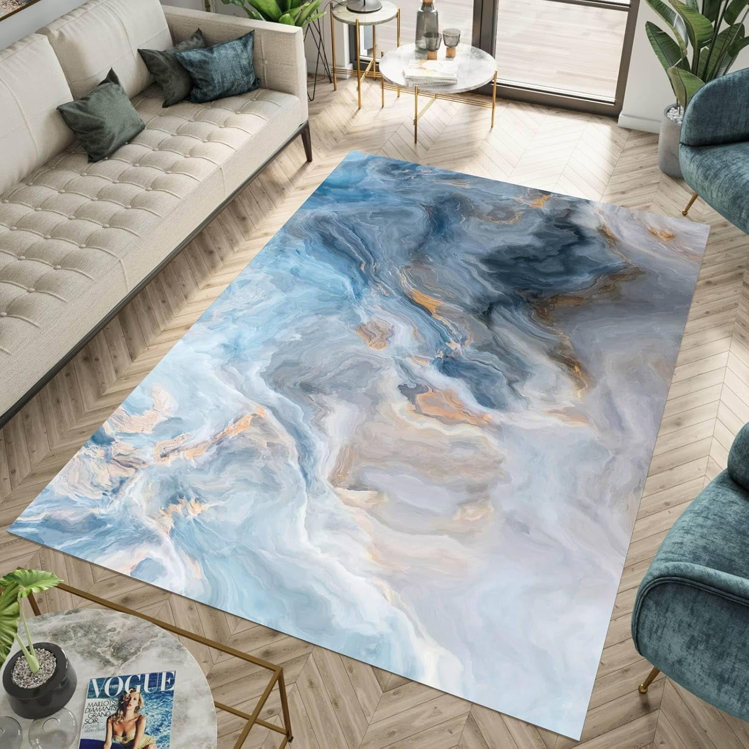 Blue Marble Pattern Area Rugs, Gold Abstract Modern Indoor Throw Rugs ...
