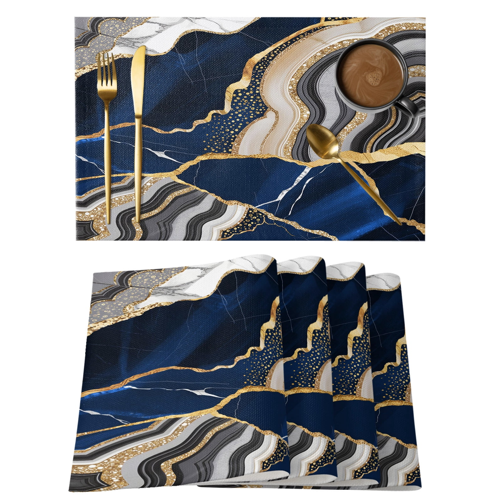 Blue Marble Placemats Set of 2, Cotton Linen Fabric Place Mats, Grey ...