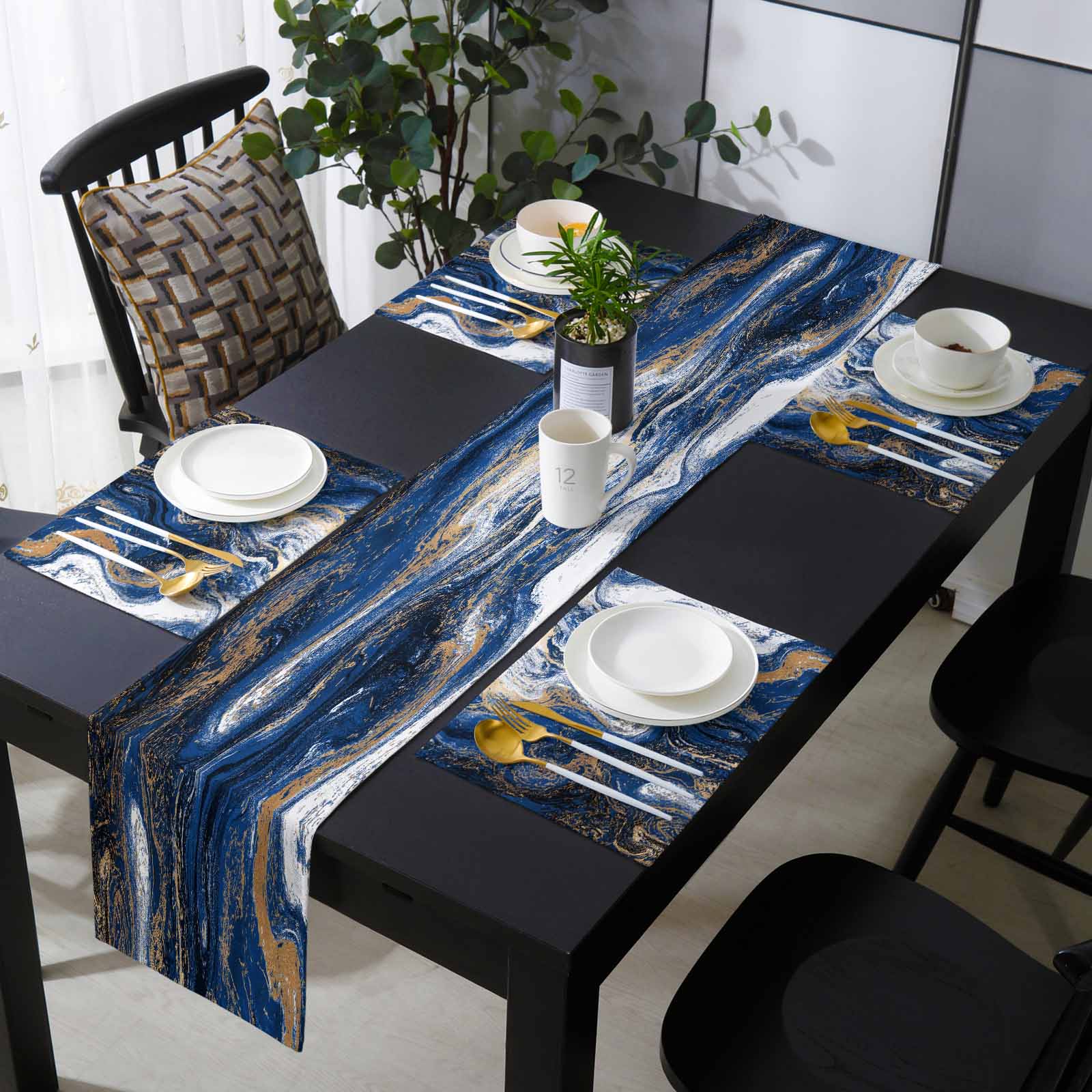 Blue Marble Placemats Set of 4 with 70 Inches Long Table Runners ...