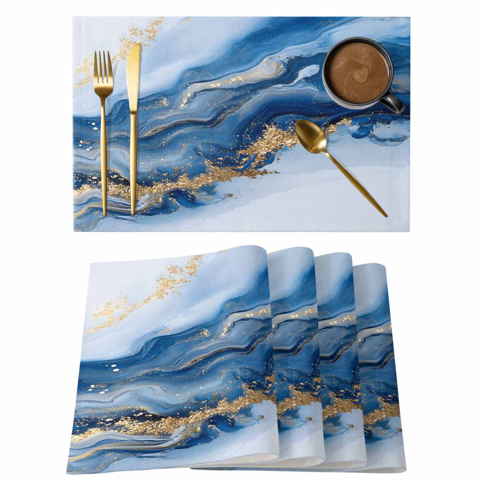 Blue Marble Placemats Set of 4, Cotton Linen Fabric Place Mats, Modern ...