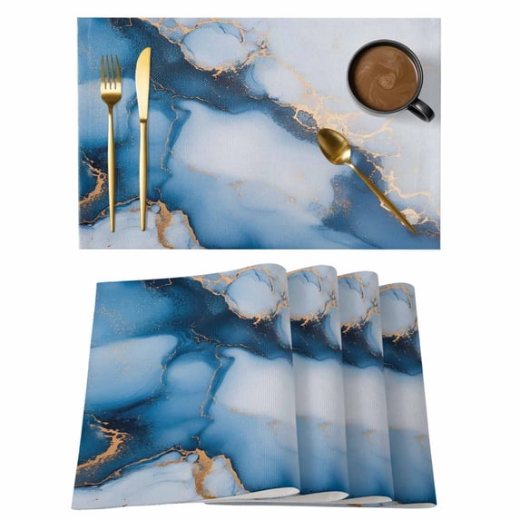 Blue Marble Placemats Set of 8, Cotton Linen Fabric Place Mats, Modern ...