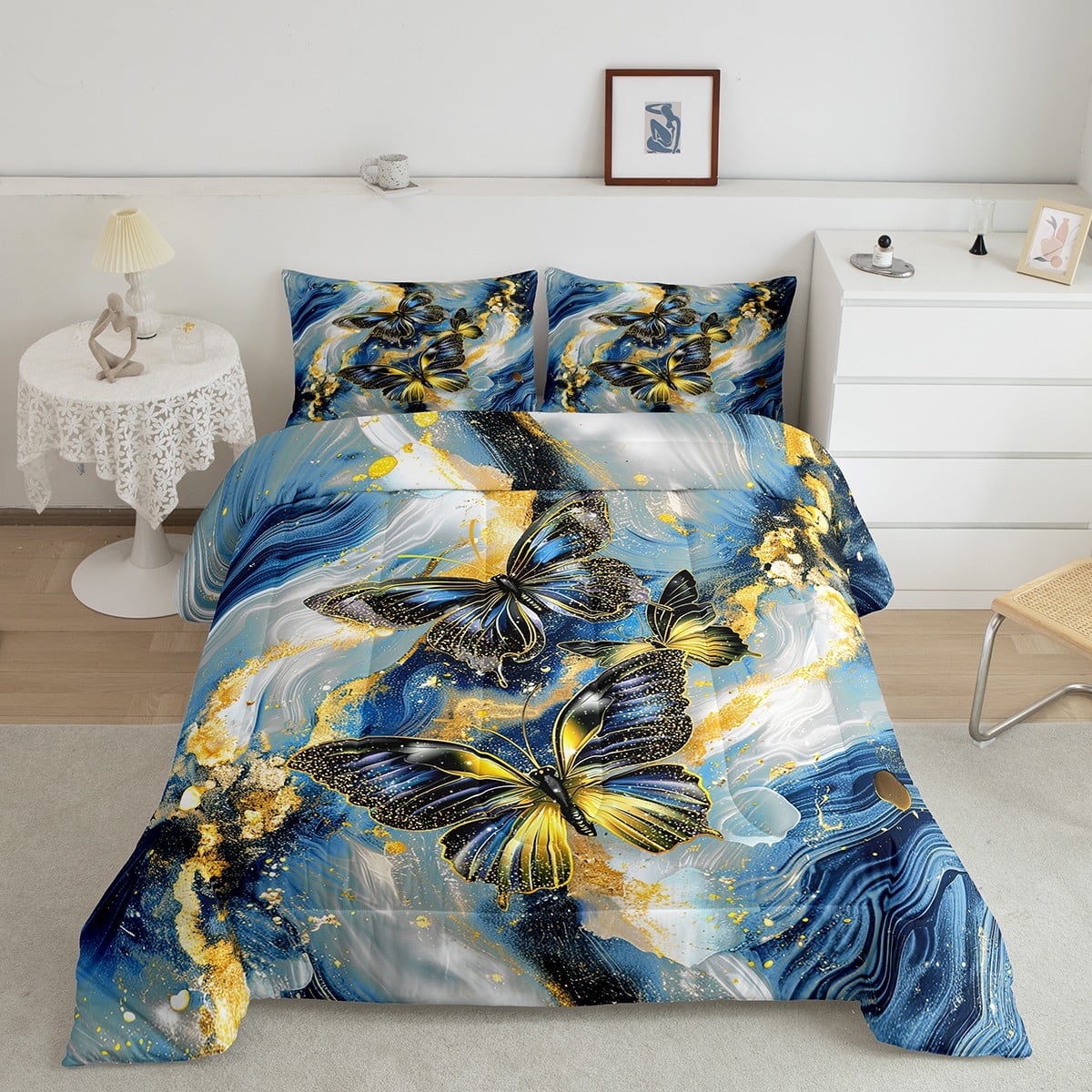 Blue Marble Queen Comforter Set Black Butterfly Down Comforter,Gold ...