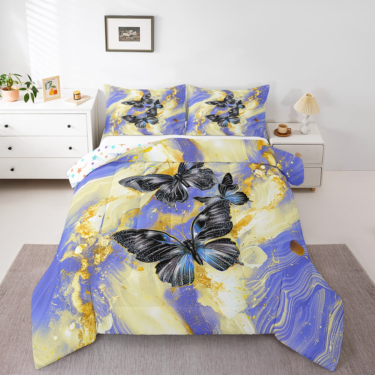 Blue Marble Queen Comforter Set Black Butterfly Down Comforter,Beige ...