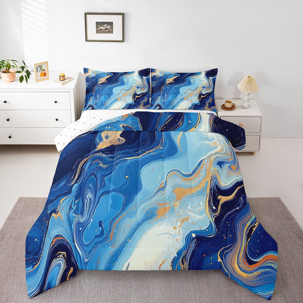 Blue Marble Quilt Stone Pattern Comforter Set Watercolour Artwork ...