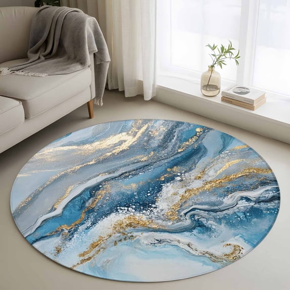 Blue Marble Round Area Rug 3 FT, Small Kitchen Bathroom Mats, Modern ...