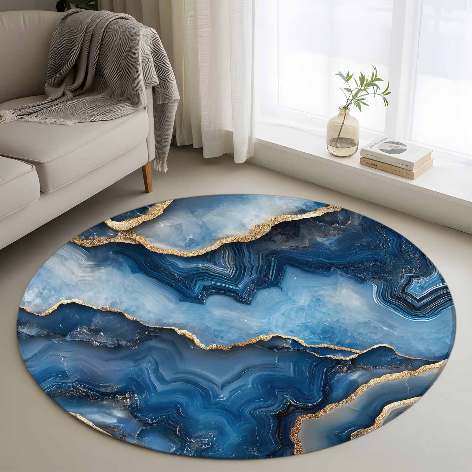 Blue Marble Round Area Rug 4 FT, Non Slip Indoor Outdoor Rug ...