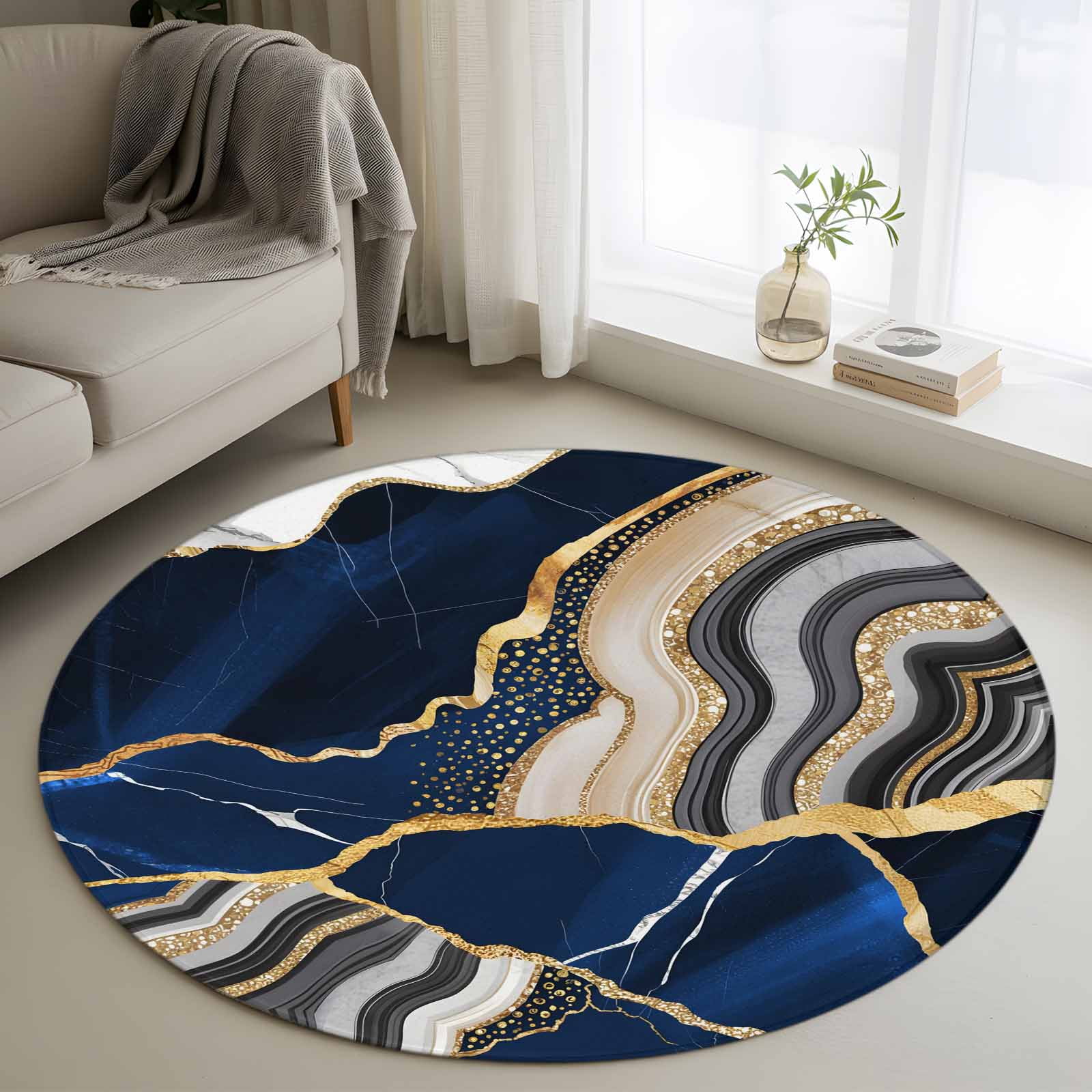 Blue Marble Round Area Rug 4 FT, Non Slip Indoor Outdoor Rug, Grey Gold ...