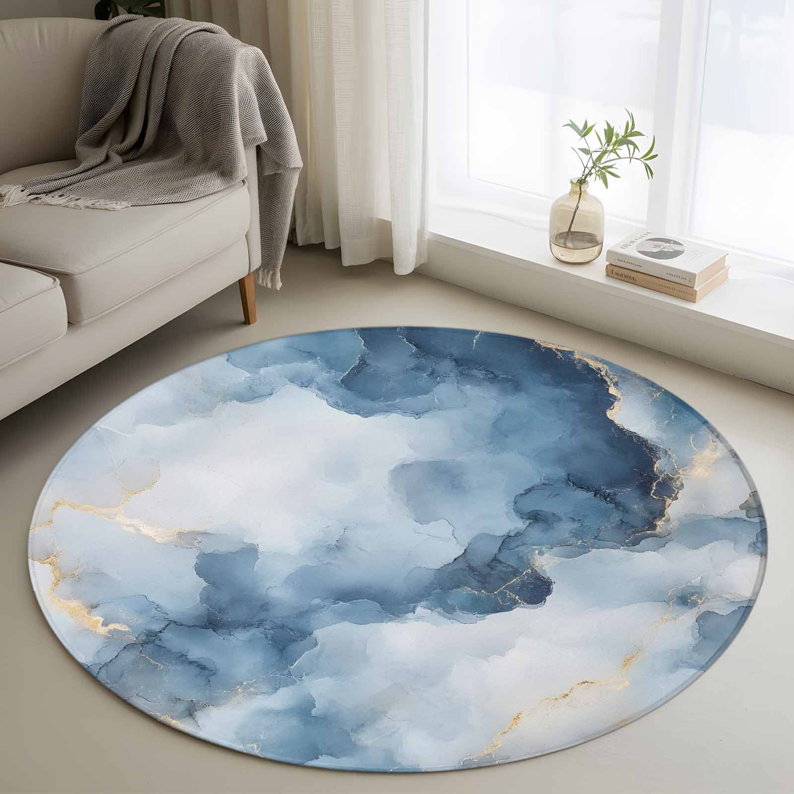 Blue Marble Round Area Rug 4 FT, Non Slip Indoor Outdoor Rug, Modern ...