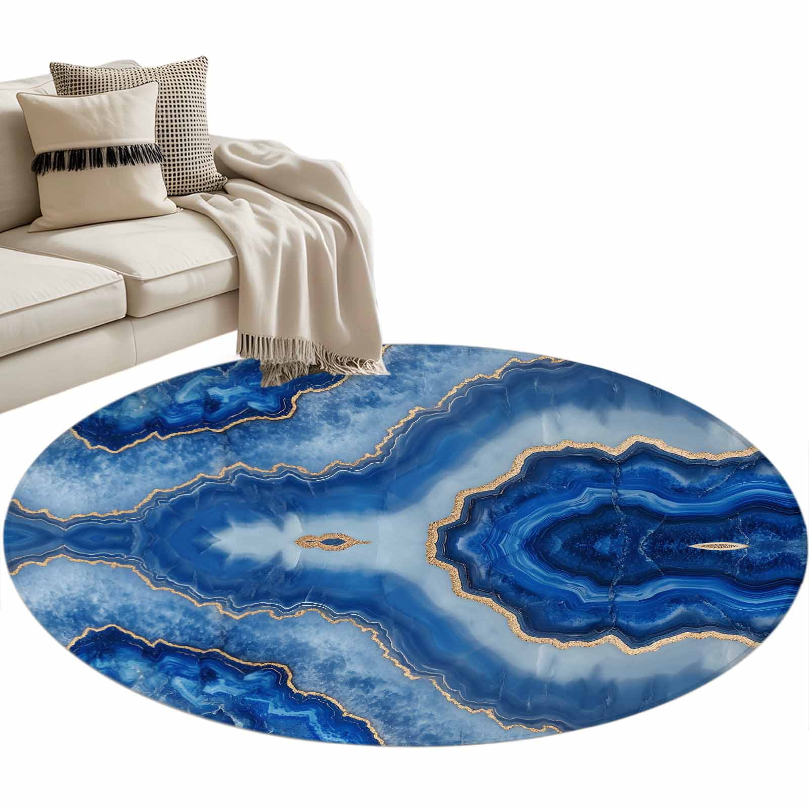 Blue Marble Round Area Rug 4ft, Modern Luxury Granite Surface Motif ...