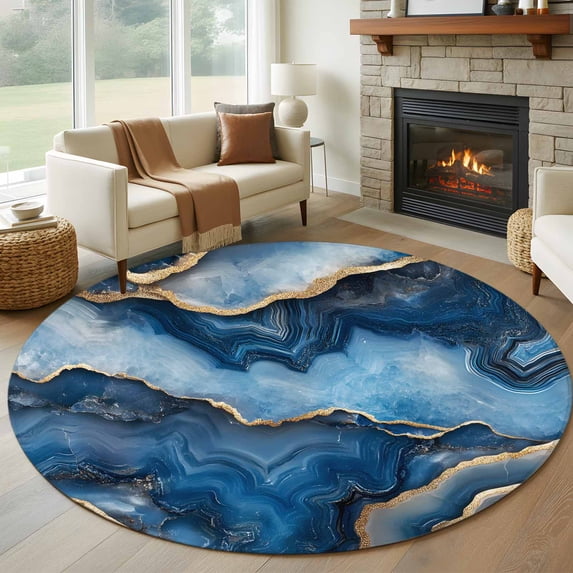 Blue Marble Round Area Rug 5 FT, Non Slip Bedroom Rugs, Contemporary ...