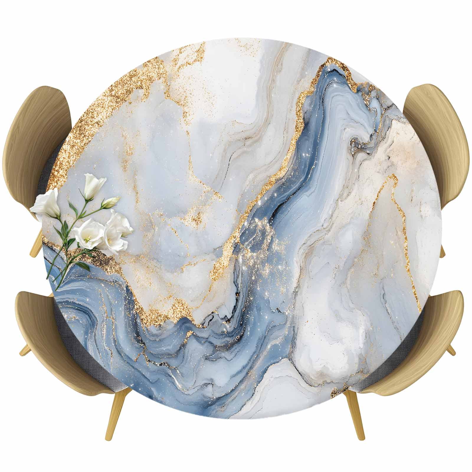 Blue Marble Round Tablecloth 55-60 Inch Round Fitted Table Cloth with ...
