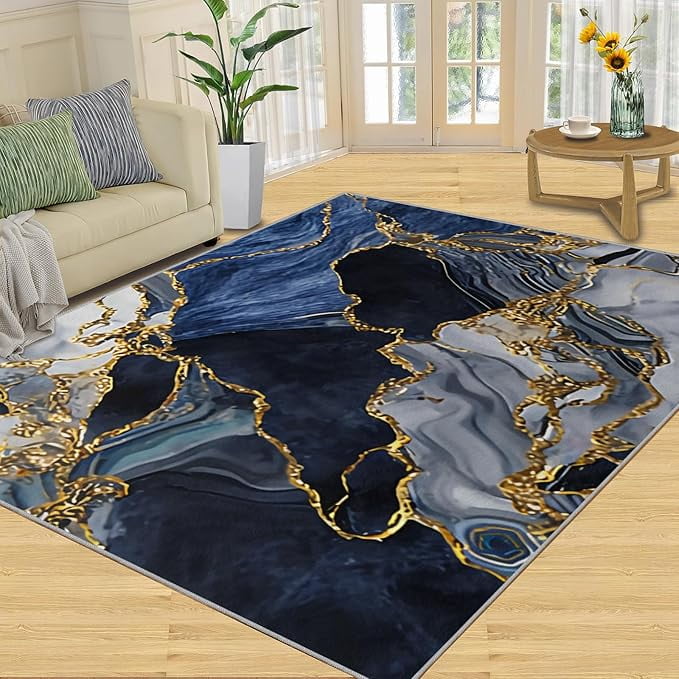 Blue Marble Rug, Modern Gilded Texture Area Rugs For Living Room, Large ...