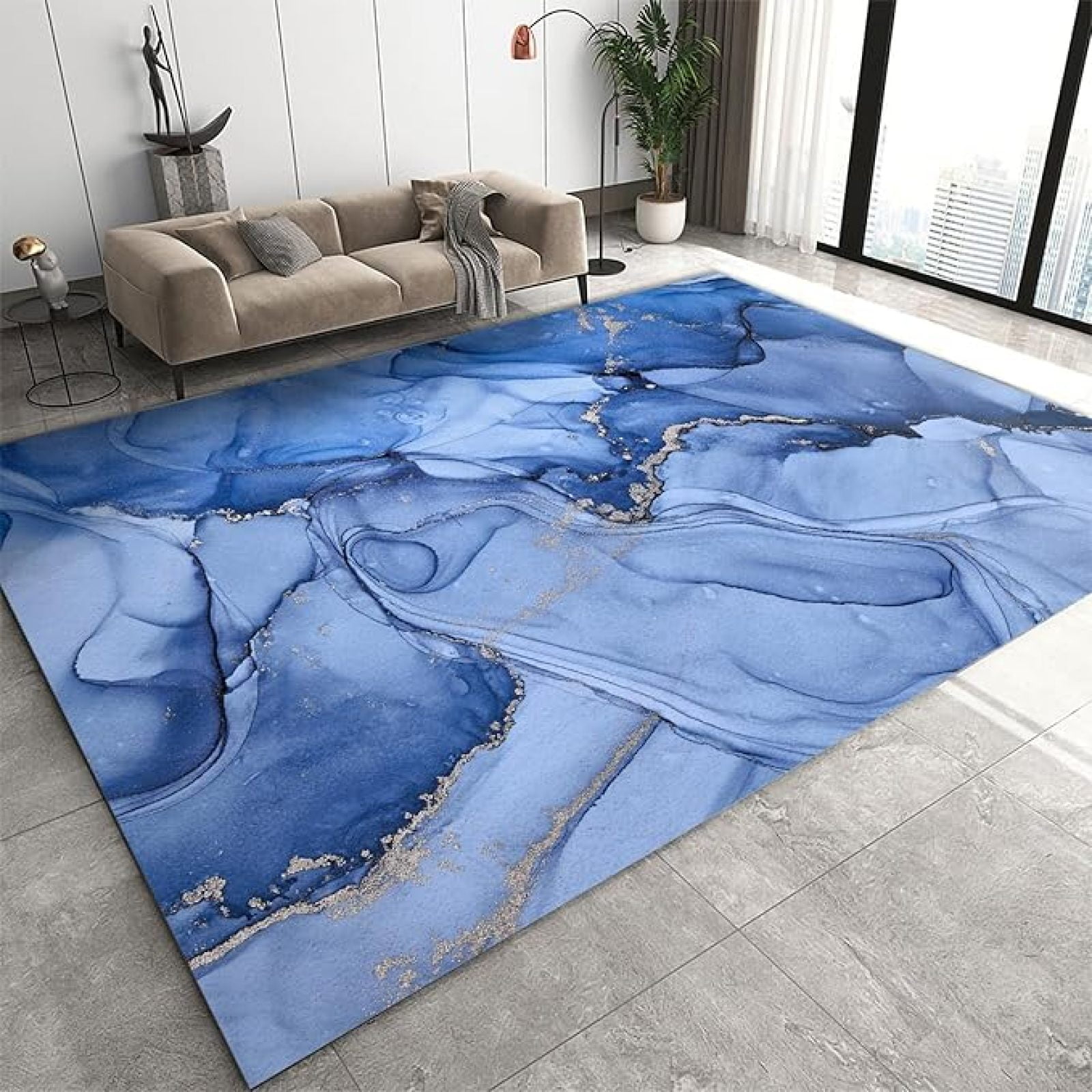 Blue Marble Rug, Modern Marble Art Home Decor Rug, Non Slip Low Pile Easy Clean Carpet For ...