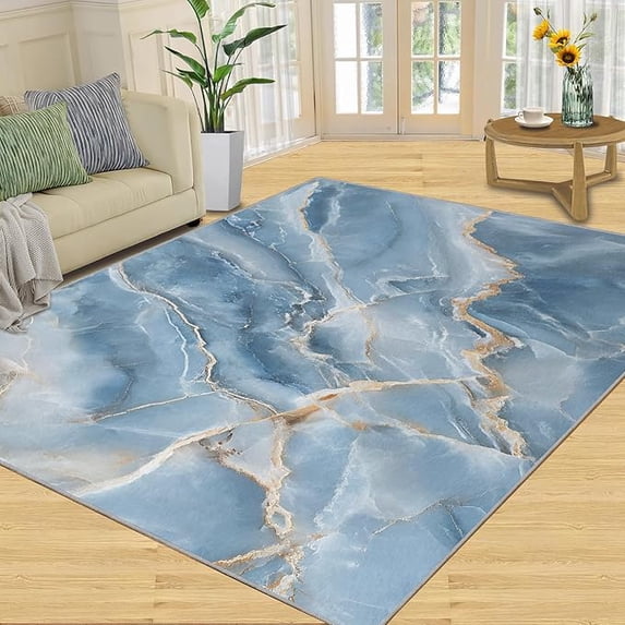 Blue Marble Rugs for Living Room, Modern Abstract Rug, Luxury Washable ...