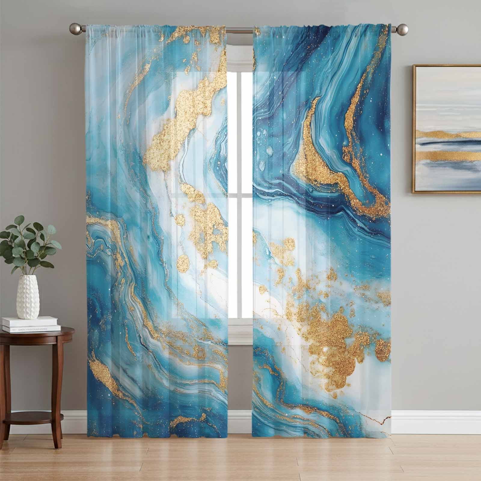 Blue Marble Semi Sheer Curtains 108 Inch Length 2 Panels Set, Luxury ...
