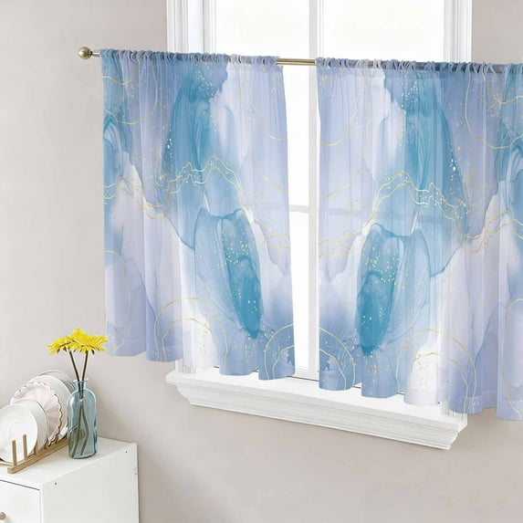 Blue Marble Semi Sheer Curtains 54 Inch Length 2 Panels Set, Modern ...