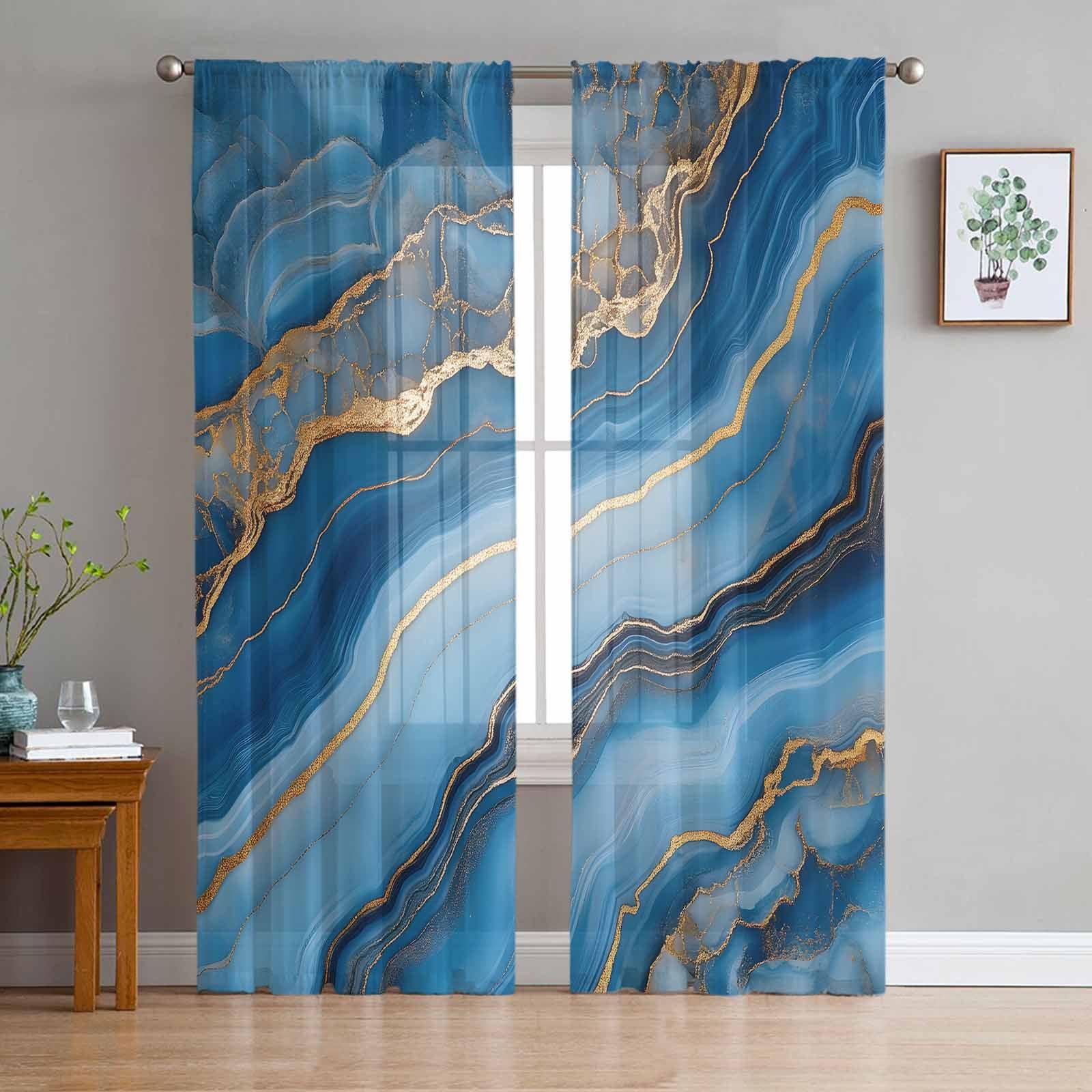 Blue Marble Sheer Curtains 63 Inch Length 2 Panels Set for Living Room ...